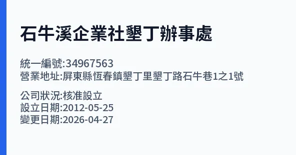 石牛溪企業社墾丁辦事處的照片-統編 34967563(屏東縣) 公司登記資料與營業項目詳細圖表