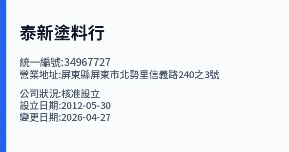 泰新塗料行的照片-統編 34967727(屏東縣) 公司登記資料與營業項目詳細圖表
