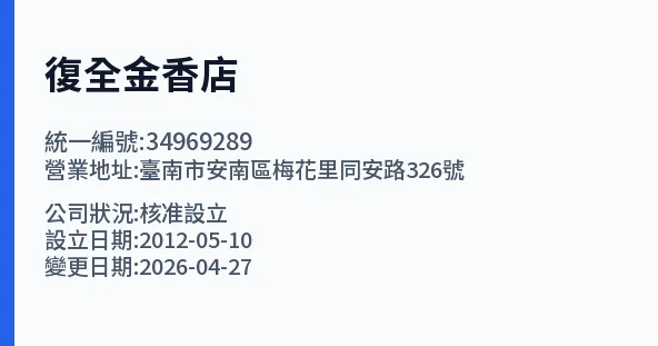 復全金香店的照片-統編 34969289(臺南市) 公司登記資料與營業項目詳細圖表