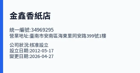 金鑫香紙店的照片-統編 34969295(臺南市) 公司登記資料與營業項目詳細圖表