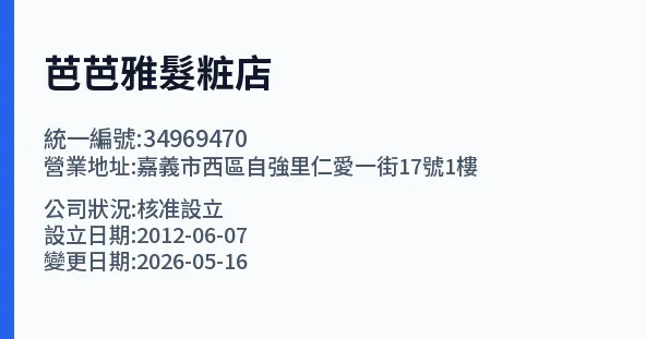 芭芭雅髮粧店的照片-統編 34969470(嘉義市) 公司登記資料與營業項目詳細圖表