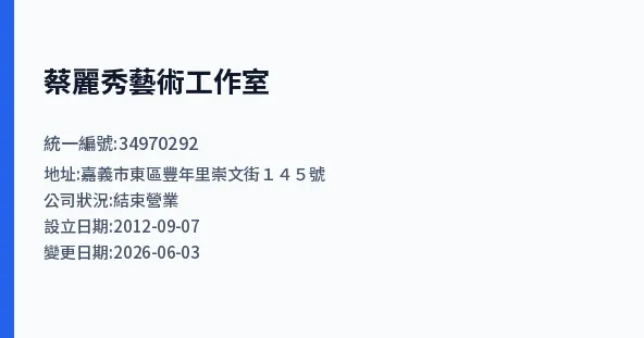 蔡麗秀藝術工作室的照片-統編 34970292(嘉義市) 公司登記資料與營業項目詳細圖表