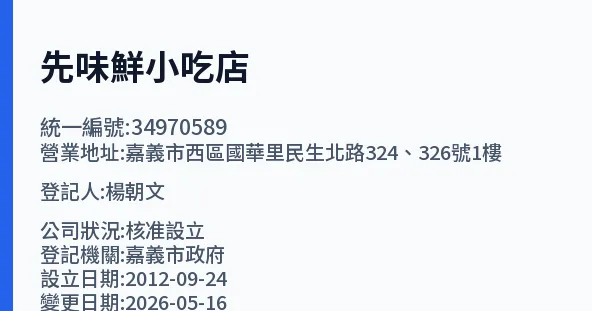 先味鮮小吃店的照片-統編 34970589(嘉義市) 公司登記資料與營業項目詳細圖表