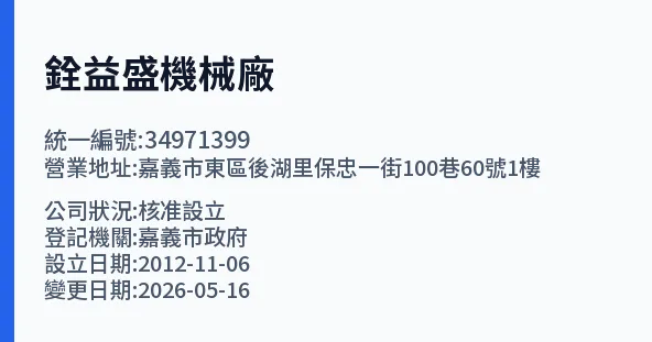 銓益盛機械廠的照片-統編 34971399(嘉義市) 公司登記資料與營業項目詳細圖表