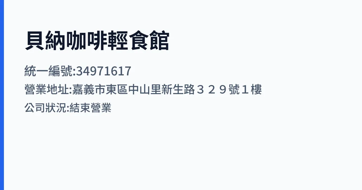 貝納咖啡輕食館 - 統編 34971617(嘉義市) 公司登記資料與營業項目詳細圖表