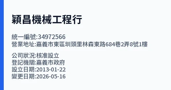 穎昌機械工程行的照片-統編 34972566(嘉義市) 公司登記資料與營業項目詳細圖表