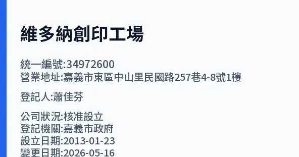維多納創印工場的照片-統編 34972600(嘉義市) 公司登記資料與營業項目詳細圖表