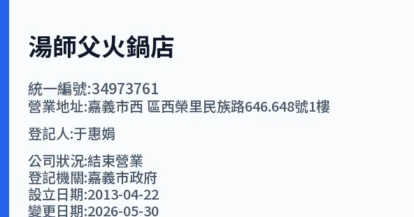 湯師父火鍋店的照片-統編 34973761(嘉義市) 公司登記資料與營業項目詳細圖表