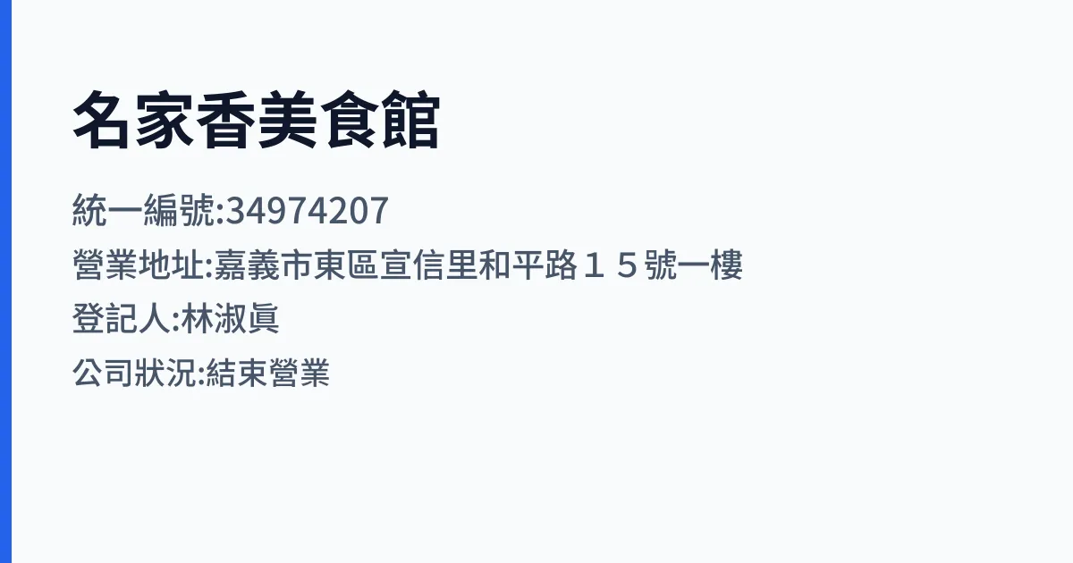 名家香美食館 - 統編 34974207(嘉義市) 公司登記資料與營業項目詳細圖表