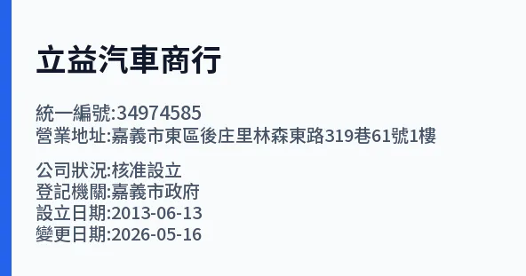 立益汽車商行的照片-統編 34974585(嘉義市) 公司登記資料與營業項目詳細圖表