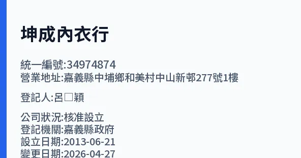 坤成內衣行的照片-統編 34974874(嘉義縣) 公司登記資料與營業項目詳細圖表