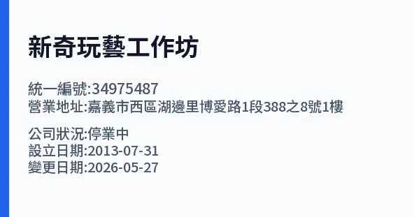 新奇玩藝工作坊的照片-統編 34975487(嘉義市) 公司登記資料與營業項目詳細圖表