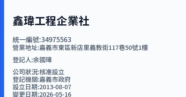 鑫瑋工程企業社的照片-統編 34975563(嘉義市) 公司登記資料與營業項目詳細圖表