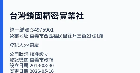 台灣鎖固精密實業社的照片-統編 34975901(嘉義市) 公司登記資料與營業項目詳細圖表