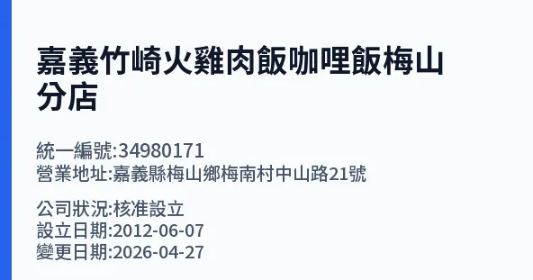 嘉義竹崎火雞肉飯咖哩飯梅山分店的照片-統編 34980171(嘉義縣) 公司登記資料與營業項目詳細圖表