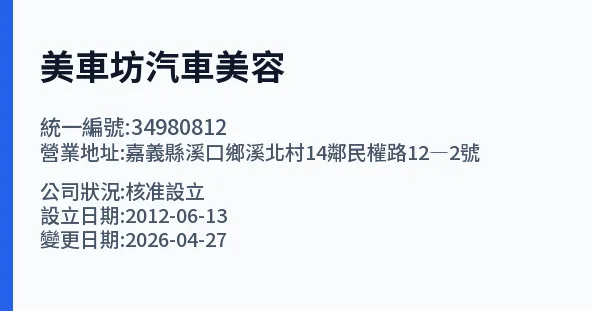 美車坊汽車美容的照片-統編 34980812(嘉義縣) 公司登記資料與營業項目詳細圖表