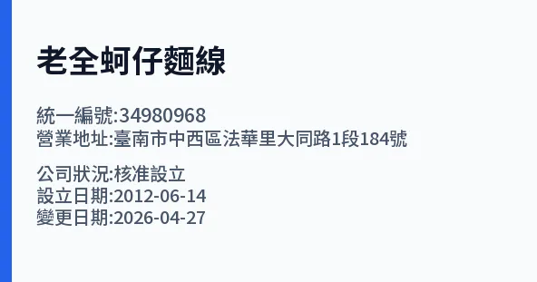 老全蚵仔麵線的照片-統編 34980968(臺南市) 公司登記資料與營業項目詳細圖表