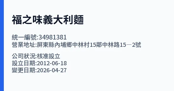 福之味義大利麵的照片-統編 34981381(屏東縣) 公司登記資料與營業項目詳細圖表