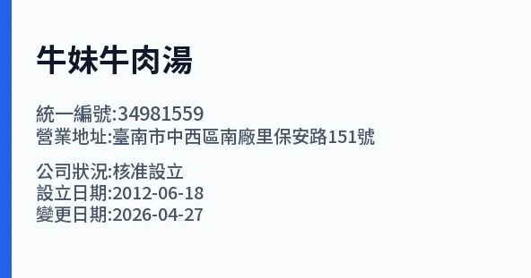 牛妹牛肉湯的照片-統編 34981559(臺南市) 公司登記資料與營業項目詳細圖表