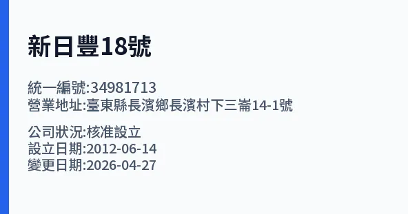 新日豐18號的照片-統編 34981713(臺東縣) 公司登記資料與營業項目詳細圖表