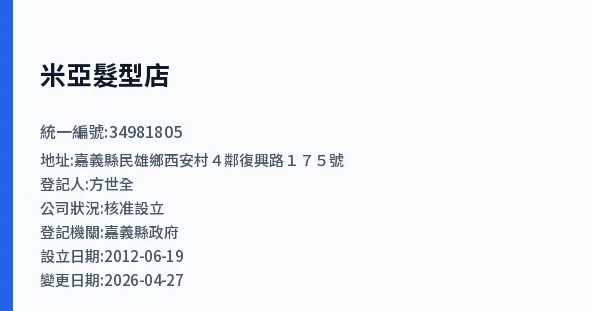 米亞髮型店的照片-統編 34981805(嘉義縣) 公司登記資料與營業項目詳細圖表