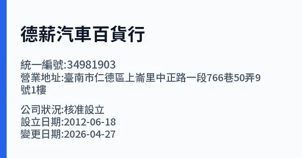 德薪汽車百貨行的照片-統編 34981903(臺南市) 公司登記資料與營業項目詳細圖表
