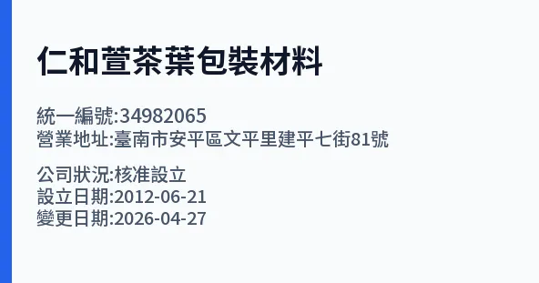 仁和萱茶葉包裝材料的照片-統編 34982065(臺南市) 公司登記資料與營業項目詳細圖表
