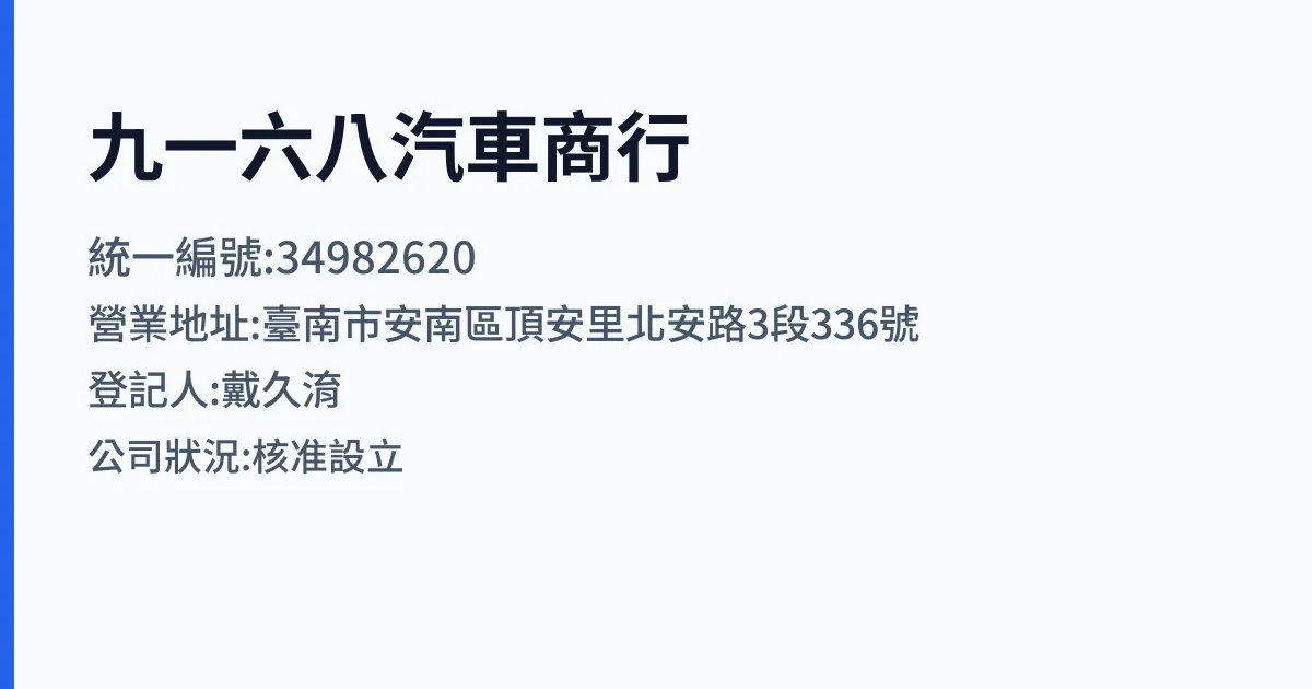 九一六八汽車商行 - 統編 34982620(臺南市) 公司登記資料與營業項目詳細圖表