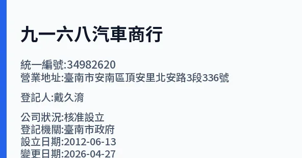 九一六八汽車商行的照片-統編 34982620(臺南市) 公司登記資料與營業項目詳細圖表