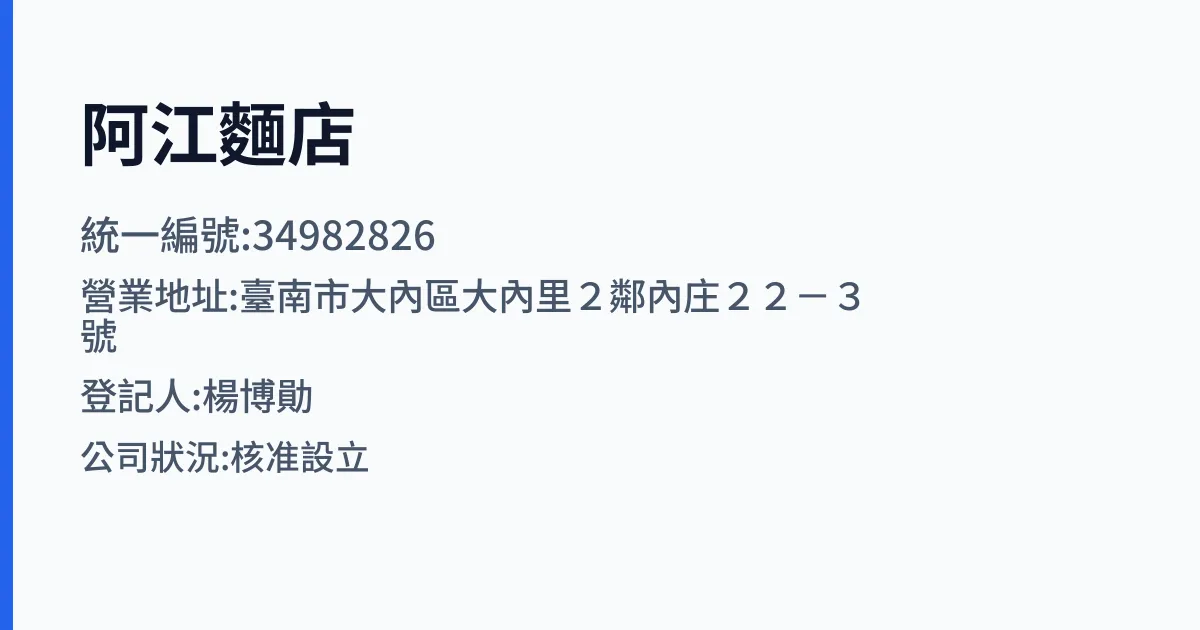 阿江麵店 - 統編 34982826(臺南市) 公司登記資料與營業項目詳細圖表