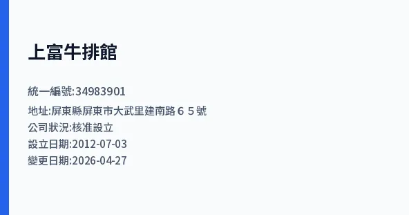 上富牛排館的照片-統編 34983901(屏東縣) 公司登記資料與營業項目詳細圖表