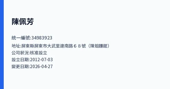 陳佩芳的照片-統編 34983923(屏東縣) 公司登記資料與營業項目詳細圖表