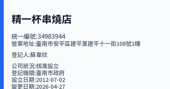 精一杯串燒店的照片-統編 34983944(臺南市) 公司登記資料與營業項目詳細圖表