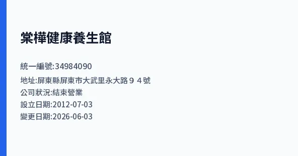 棠樺健康養生館的照片-統編 34984090(屏東縣) 公司登記資料與營業項目詳細圖表