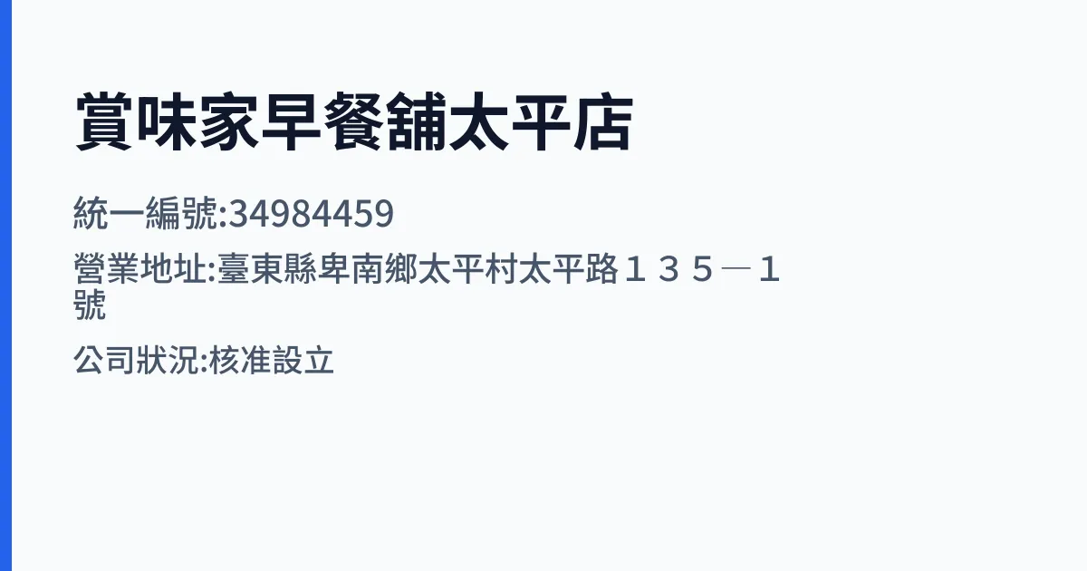 賞味家早餐舖太平店 - 統編 34984459(臺東縣) 公司登記資料與營業項目詳細圖表