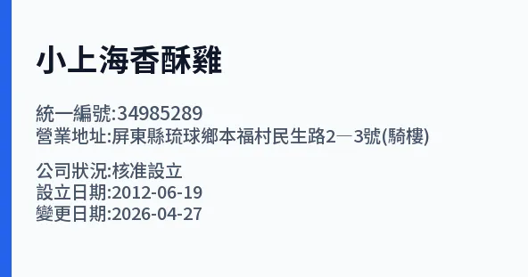 小上海香酥雞的照片-統編 34985289(屏東縣) 公司登記資料與營業項目詳細圖表