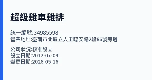 超級雞車雞排的照片-統編 34985598(臺南市) 公司登記資料與營業項目詳細圖表