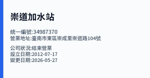 崇道加水站的照片-統編 34987370(臺南市) 公司登記資料與營業項目詳細圖表
