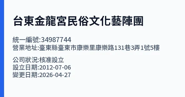 台東金龍宮民俗文化藝陣團的照片-統編 34987744(臺東縣) 公司登記資料與營業項目詳細圖表