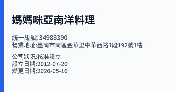 媽媽咪亞南洋料理的照片-統編 34988390(臺南市) 公司登記資料與營業項目詳細圖表