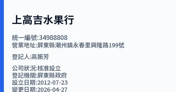 上高吉水果行的照片-統編 34988808(屏東縣) 公司登記資料與營業項目詳細圖表