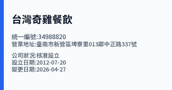 台灣奇雞餐飲的照片-統編 34988820(臺南市) 公司登記資料與營業項目詳細圖表