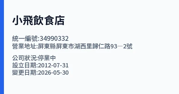 小飛飲食店的照片-統編 34990332(屏東縣) 公司登記資料與營業項目詳細圖表