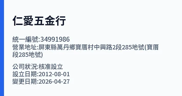 仁愛五金行的照片-統編 34991986(屏東縣) 公司登記資料與營業項目詳細圖表