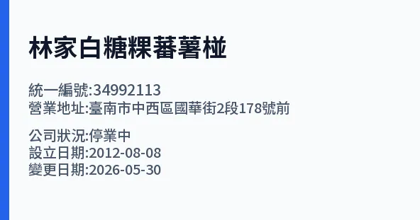 林家白糖粿蕃薯椪的照片-統編 34992113(臺南市) 公司登記資料與營業項目詳細圖表