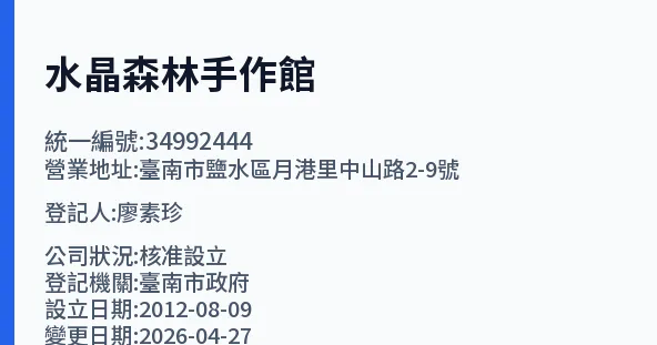 水晶森林手作館的照片-統編 34992444(臺南市) 公司登記資料與營業項目詳細圖表