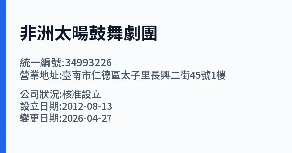 非洲太暘鼓舞劇團的照片-統編 34993226(臺南市) 公司登記資料與營業項目詳細圖表