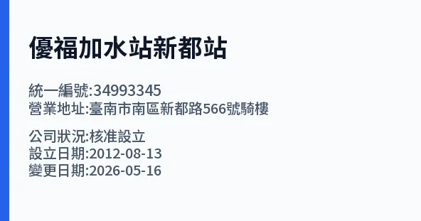優福加水站新都站的照片-統編 34993345(臺南市) 公司登記資料與營業項目詳細圖表