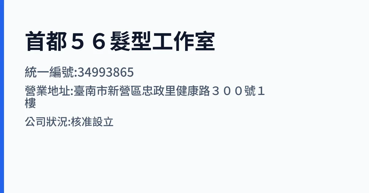 首都56髮型工作室 - 統編 34993865(臺南市) 公司登記資料與營業項目詳細圖表