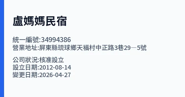 盧媽媽民宿的照片-統編 34994386(屏東縣) 公司登記資料與營業項目詳細圖表